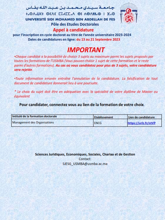 Appel à candidature pour l’inscription en cycle doctorat au titre de l’année universitaire 2023 ...